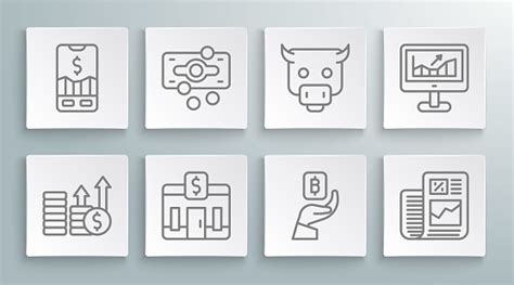 세트 라인 금융 성장과 달러 스택 종이 돈 현금 은행 건물 비트 코인을 들고 손 비즈니스 금융 보고서 황소 시장 그래프와 모바일 주식 거래 아이콘이있는 컴퓨터 벡터 건축에