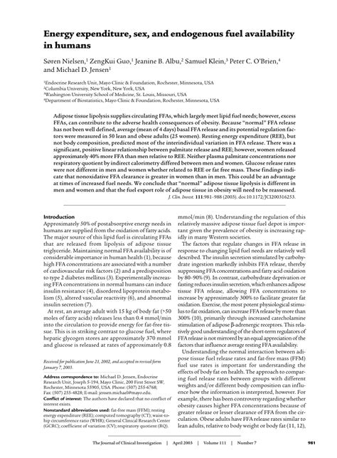 Pdf Energy Expenditure Sex And Endogenous Fuel Availability In Humans