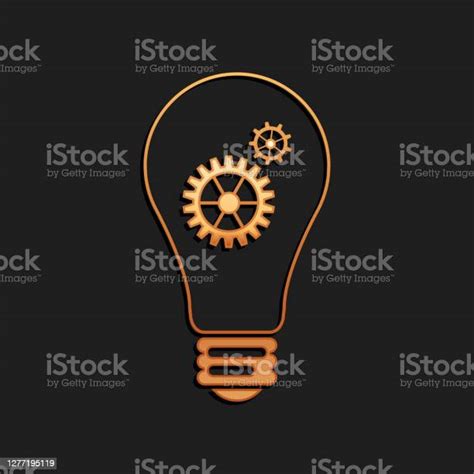 검은 색 배경에 고립 된 아이콘 내부의 골드 전구와 기어 혁신 개념 긴 그림자 스타일 벡터 개념에 대한 스톡 벡터 아트 및 기타 이미지 Istock