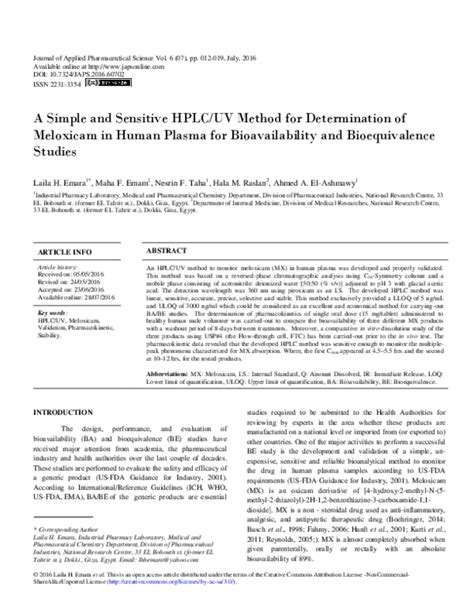 Pdf A Simple And Sensitive Hplc Uv Method For Determination Of Meloxicam In Human Plasma For