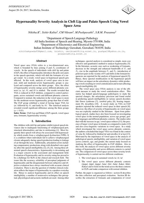 Pdf Hypernasality Severity Analysis In Cleft Lip And Palate Speech Using Vowel Space Area