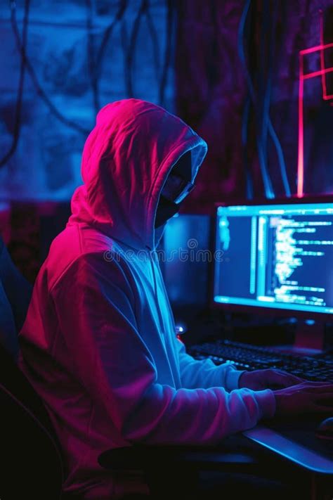 A Hacker In A Hood And Mask Steals Data From A Computer In A Dark Room