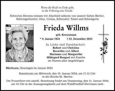 Traueranzeigen Von Frieda Willms Augsburger Allgemeine Zeitung