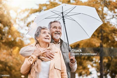 시니어 커플 우산 야외에서 산책을 즐기며 여름에는 자유롭고 차분한 양질의 시간을 보내고 관계를 맺을 수 있습니다 노인 남자 여자 웰빙은 사랑이나 보살핌을 위해 함께 시골