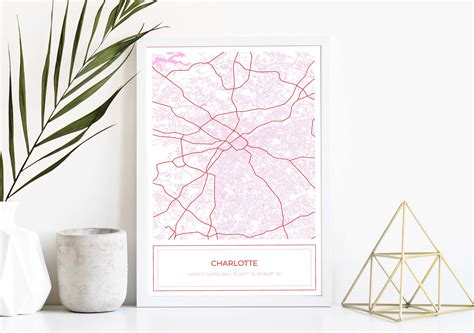 Charlotte Map Map Of Charlotte Pink Charlotte Map Charlotte Poster City Map Charlotte Map