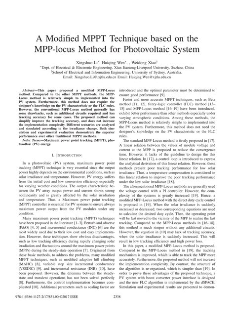 Pdf A Modified Mppt Technique Based On The Mpp Locus Method For Photovoltaic System