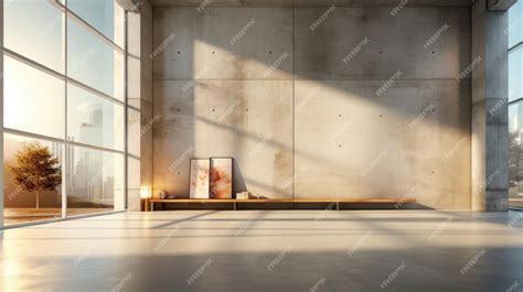 현대 도시 건물의 빈 개방형 공간 내부 콘크리트 벽과 바닥 긴 나무 벤치 포스터 도시 공원의 전망을 감상할 수 있는 대형 파노라마 창문 템플릿 3d 렌더링 프리미엄 사진