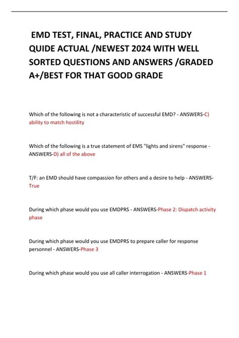 EMD TEST FINAL PRACTICE AND STUDY QUIDE ACTUAL NEWEST WITH WELL SORTED QUESTIONS AND