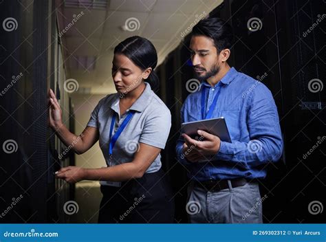 Engineer Teamwork Server Room And Woman Opening Panel For Maintenance