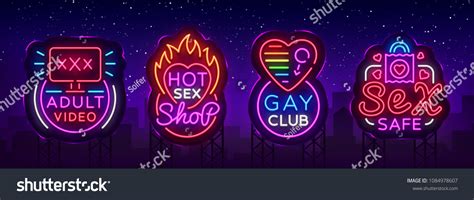 Sex Shop Set Logos Neon Style เวกเตอร์สต็อก ปลอดค่าลิขสิทธิ์