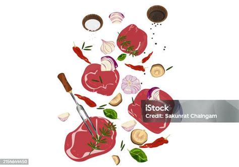 신선한 고기와 신선한 야채가 공중에 흩어져있는 음식 일러스트레이션 스테이크 요리 및 정육점 또는 스테이크 가게 메뉴에 대한 벡터 만화 일러스트레이션 굽기에 사용됩니다