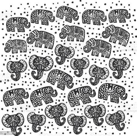 폴카 도트 장식으로 아름 다운 패턴 인도 코끼리입니다 손으로 그린된 민족적인 부족 장식 검은 윤곽선 끝 없는 흰색 배경에 고립 벡터 코끼리에 대한 스톡 벡터 아트 및 기타