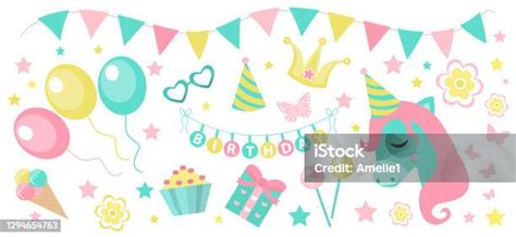 생일 현대 귀여운 아이콘 세트 만화 플랫 스타일 유니콘 풍선 게를란드 과자를 곁들인 디자인 요소의 파티 컬렉션 어린이 휴가 키트를위한 사탕과 케이크 벡터 일러스트레이션