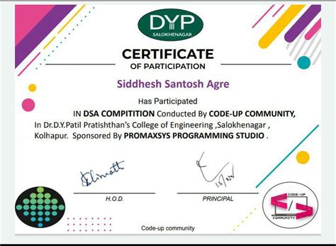 Siddhesh Agre On Linkedin Participants Certificate Of Dsa Compitition Arranged By Dyp College
