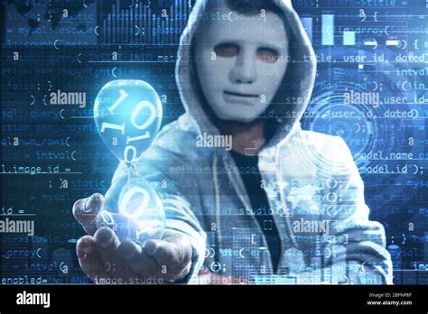 Hacker In Mask Holding Hourglass And Code On Dark Background Concept