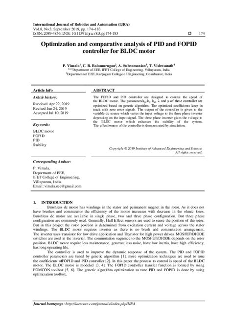Pdf Optimization And Comparative Analysis Of Pid And Fopid Controller For Bldc Motor