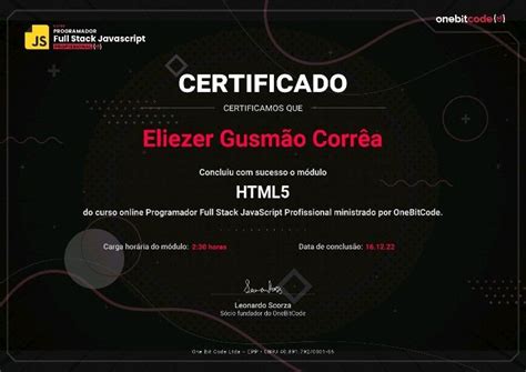 Certificado De Conclusão Do Módulo De Html5 Do Curso Da Onebitcode Cada Vez Adquirindo Mais