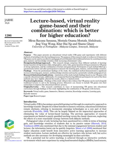 Lecture Based Virtual Reality Game Based And Their Combination Which Is Better For Higher
