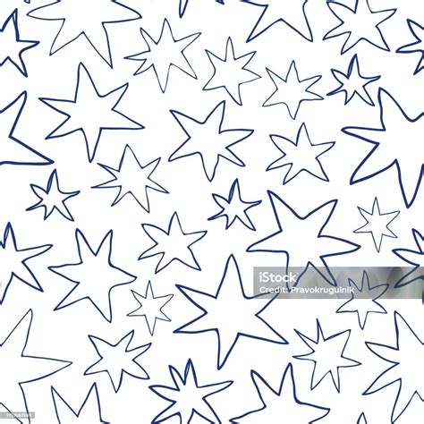 손으로 그린 낙서 별이 있는 벡터 이음매 없는 패턴은 평평한 단순한 스타일 섬유 및 의류 디자인을 위한 흰색 배경에 파란색입니다