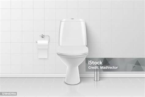 벡터 3d 현실적인 흰색 세라믹 화장실 화장실 화장실에서 브러시와 화장지 뚜껑이있는 폐쇄 된 화장실 그릇 배관 모형 인테리어 청소 위생 개념을위한 디자인 템플릿 3차원