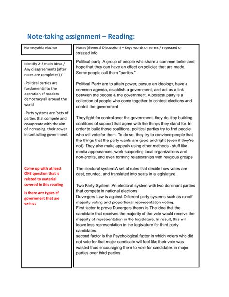 Note Taking Assignment Political Parties Pols 105 Note Taking