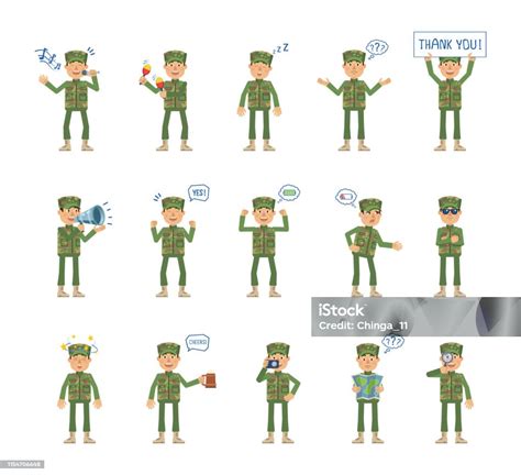 다양 한 행동 몸짓 감정을 보여주는 군사 인물의 큰 세트 쾌활 한 군인 노래 잠자는 스피커를 들고 배너 및 기타 작업을 수행 감정에 대한 스톡 벡터 아트 및 기타 이미지