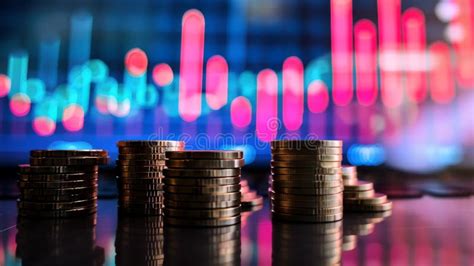 Stacks Of Coins In Front Of A Colorful Digital Graph Showing Market