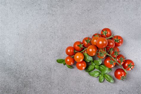 돌 테이블에 신선한 바질 잎과 잘 익은 빨간 체리 토마토 상단보기 복사 공간 바질에 대한 스톡 사진 및 기타 이미지 바질 위에 토마토 채소 Istock