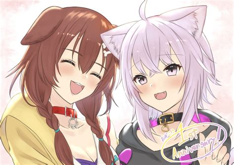 戌神ころね 猫又おかゆ 「おかころ1周年おめでとう 絵かゆ できたてころね 」夢幻かげののイラスト