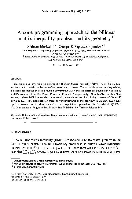 Pdf A Cone Programming Approach To The Bilinear Matrix Inequality