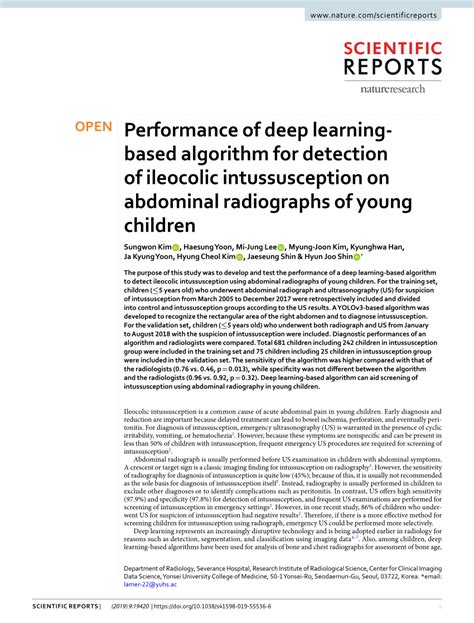 Pdf Performance Of Deep Learning Based Algorithm For Detection Of Ileocolic Intussusception On