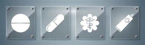 세트 연고 크림 튜브 의학 스틱 의학 알 약 또는 태블릿 및 의약품 알 약 또는 태블릿과 응급 스타 의료 기호 Caduceus 뱀 정사각형 유리 패널 벡터 0명에 대한 스톡