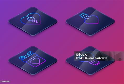 여성 성별이 있는 아이소메트릭 라인 하트 하트가 있는 선물 상자 사랑의 물약이 있는 병 전구에 하트 모양을 설정합니다 파란색 사각형 버튼입니다 벡터 0명에 대한 스톡 벡터