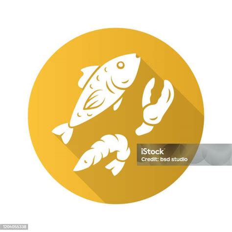 해산물 플랫 디자인 긴 그림자 문 고 아이콘입니다 오메가 3 소스 제품 미식가 식사 건강한 음식 삶은 새우 연어 접시 재료