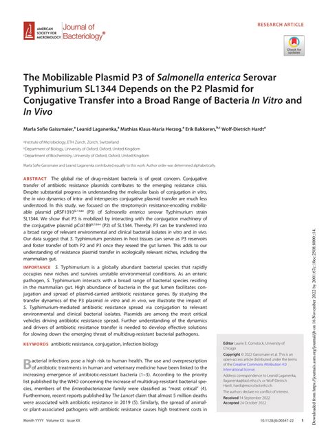 Pdf The Mobilizable Plasmid P3 Of Salmonella Enterica Serovar