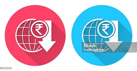 Indian Rupee Rate Decrease Round Icon With Long Shadow On Red Or Blue