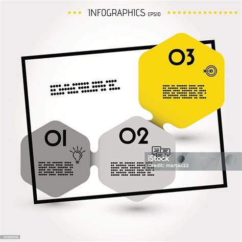 노란색 육각형 인포그래픽 형판 세 가지 단계를 0명에 대한 스톡 벡터 아트 및 기타 이미지 0명 3가지 개체 곧은 Istock