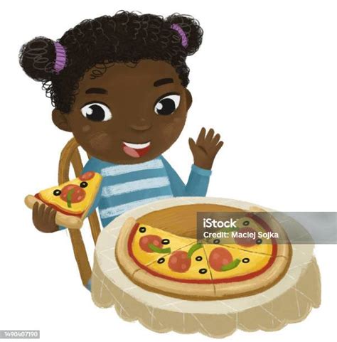 아이들을 위한 저녁 식사 삽화를 위해 피자를 먹는 소녀와 함께 만화 장면 고기에 대한 스톡 벡터 아트 및 기타 이미지 고기 공주 과일 Istock