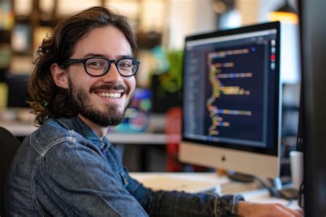 Cheerful 26yearold Software Developer Coding On A Computer Headshot