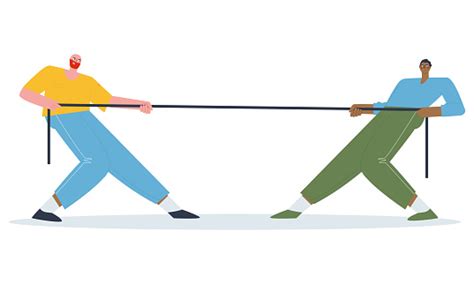 줄다리기 의 전쟁 남자 대 남자 여러 빛깔의 사람들이 밧줄의 반대쪽 끝에서 당겨 경쟁 라이벌 투쟁 개념에 대한 스톡 벡터 아트