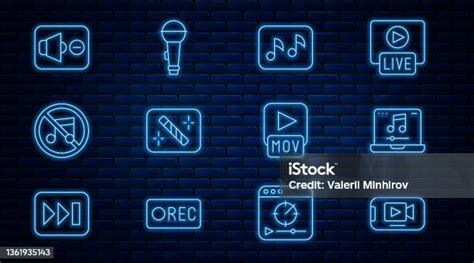 세트 라인 온라인 재생 비디오 음악 음악 노트 톤 사진 보정 스피커 음소거 Mov 파일 및 마이크 아이콘 벡터 0명에 대한 스톡 벡터 아트 및 기타 이미지 Istock