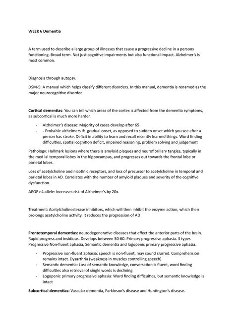 Week 6 Dementia Neuro Semester 2 Lecture Notes Online Goodluck Hope They Help Week 6