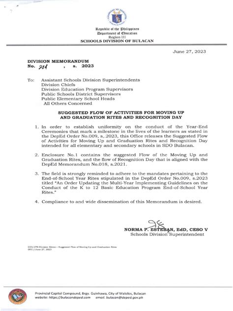 Suggested Flow Of Activities For Moving Up And Graduation Rites And