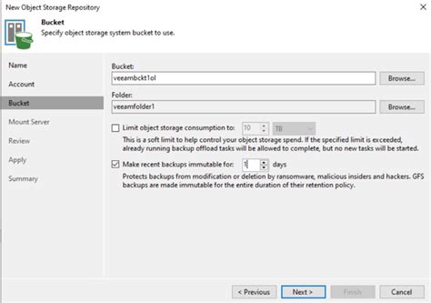 create an object backup repository in veeam for the capacity tier
