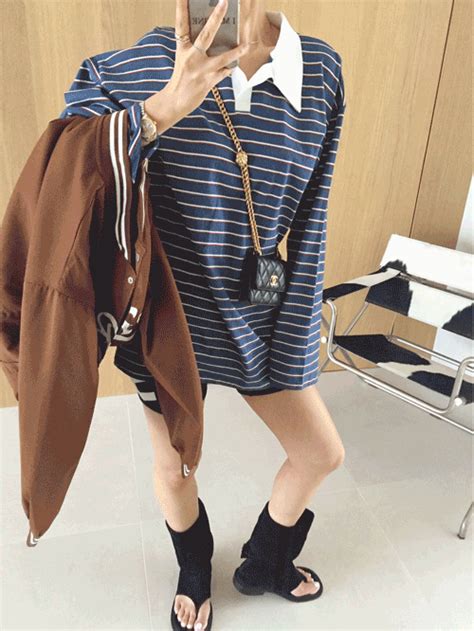 아이미마인 레트로 스트라이프 배색 카라 루즈핏 가을 긴팔티셔츠 3color