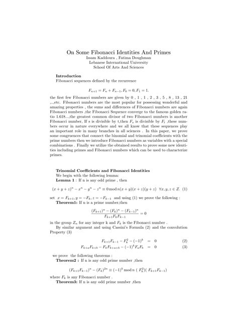 Pdf On Some Fibonacci Identities And Primes