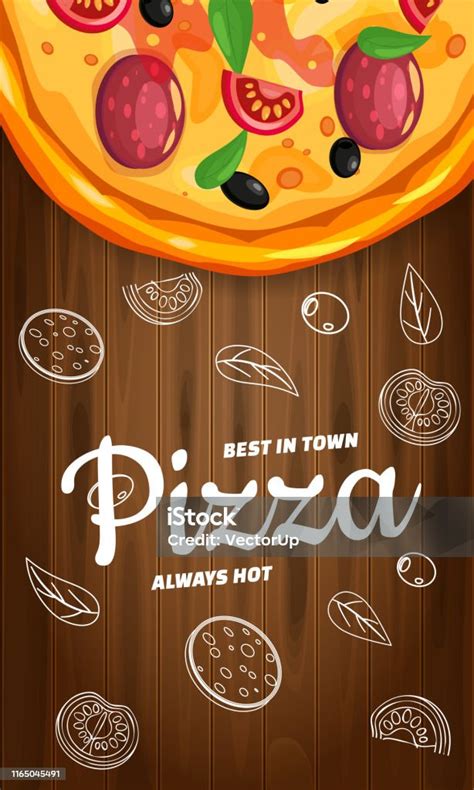 피자 피자 이탈리아어 템플릿 나무 배경 패스트 푸드 상단보기에 재료와 텍스트와 수직 전단지 배너 음식 메뉴 또는 길거리 음식 포스터 디자인 인쇄 웹을위한 벡터 일러스트레이션