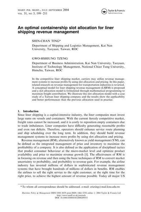 Pdf An Optimal Containership Slot Allocation For Liner Shipping
