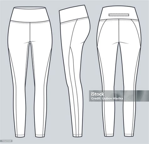 레깅스 바지 기술 패션 그림입니다 스포츠 레깅스 패션 플랫 기술 도면 템플릿 높은 허리 전면 측면 및 후면보기 흰색 색상 Cad 모형 레깅스에 대한 스톡 벡터 아트 및 기타