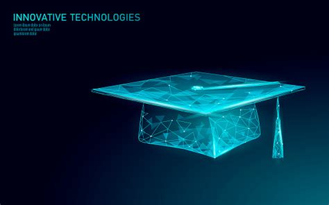 E러닝 원거리 대학원 자격증 프로그램 개념 낮은 폴리 3d 렌더 졸업 캡입니다 비즈니스 교육 성공 인터넷 교육 과정 학위 벡터